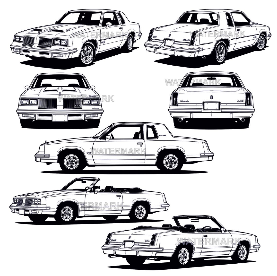 Oldsmobile Cutlass 442, SVG, PNG, 7 Different View Convertible ,designs ...