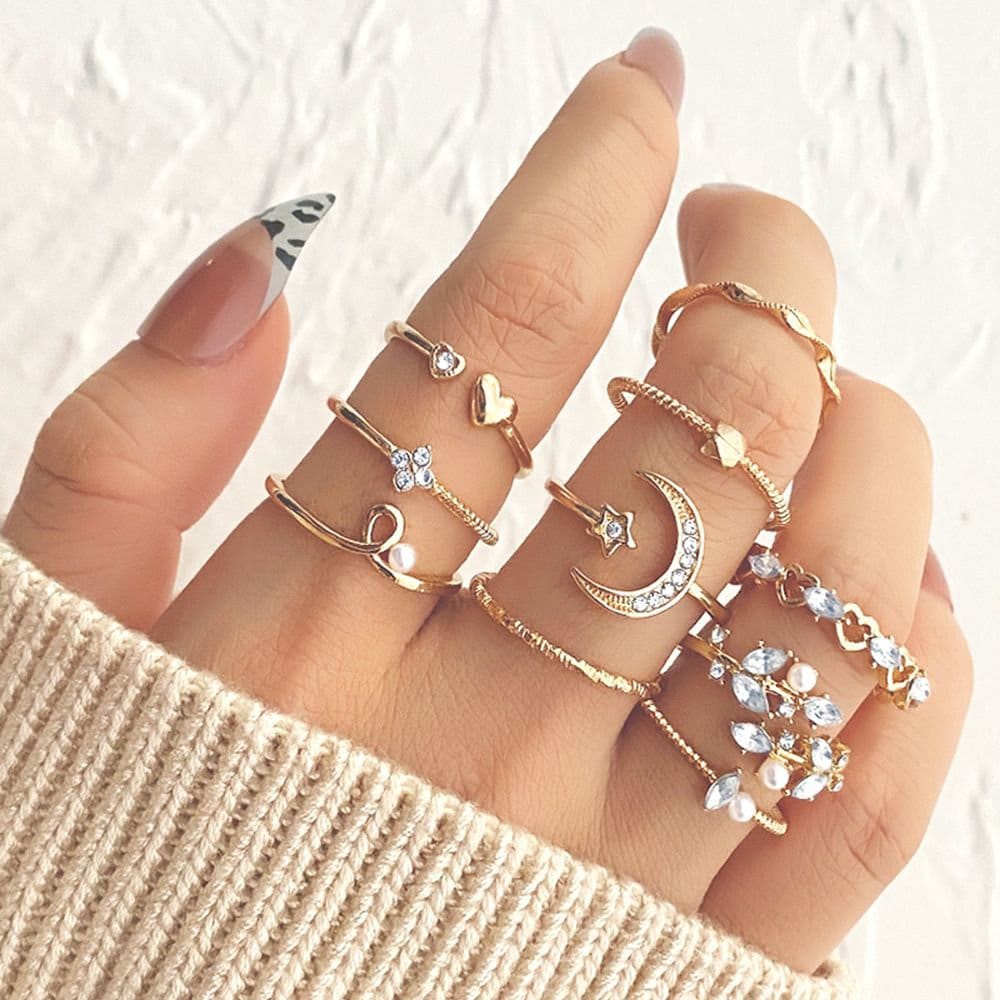 10 Piece Moon Star Gold Ring Set Pearl Leaf Ring Moon Ring - Etsy