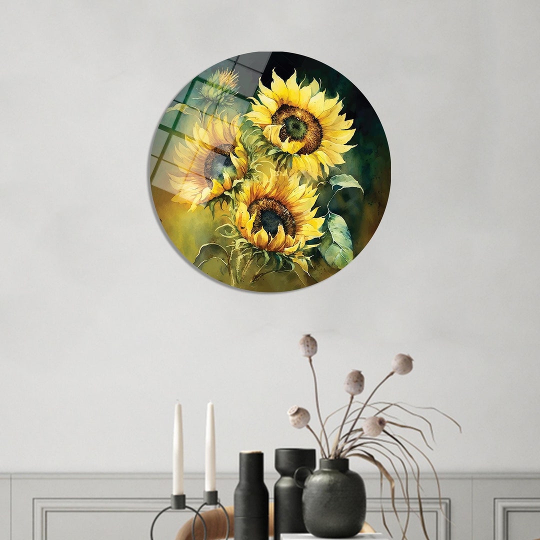 Yellow Glass Wall Art, Flower Wall Decoration, Sunflowers Painting ...