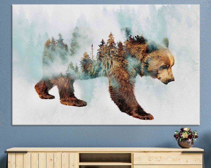 Bear Walking in Snow Wall Art, Abstract Forest Art, Bear Canvas, Large ...