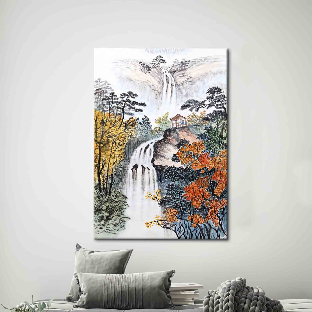 Waterfall Landscape Painting, Tree View Printed, Landscape Canvas, View ...