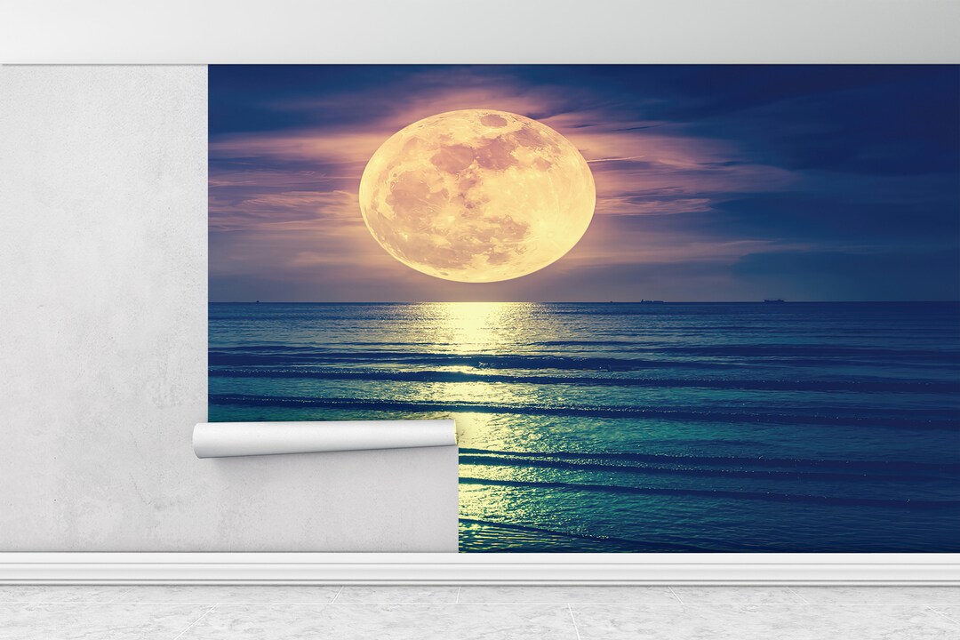 Sea Wallpaper, Super Moon Mural, Bright Wall Paper, Landscape Wallpaper ...