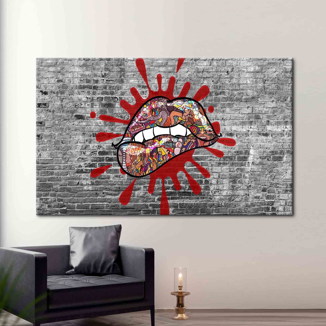 Lip Graffiti Poster, Graffiti Artwork, Lip Art, Biting Lips Canvas ...