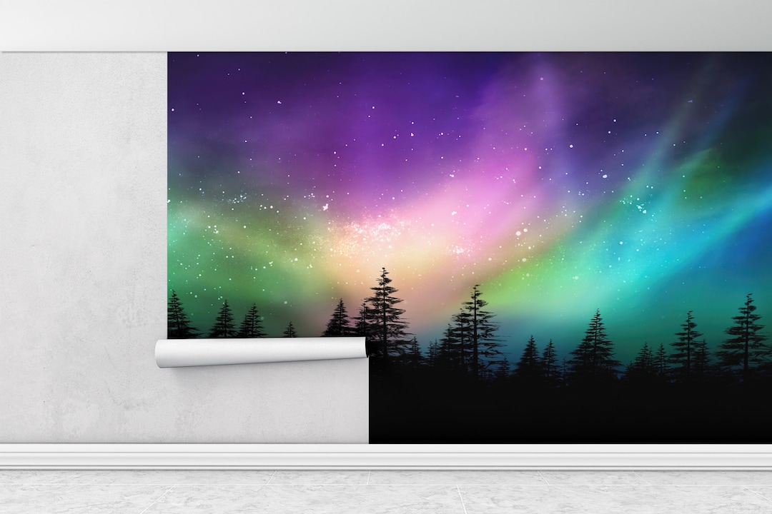 Sky Mural, Nature Wall Mural, Tree Wall Painting, Aurora Borealis Wall ...