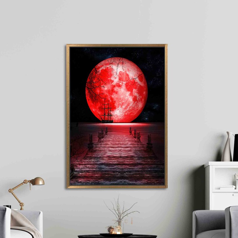 Sea Landscape With Huge Red Moon Night Landscape Art View - Etsy
