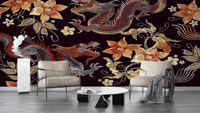 Chinese Dragon Wall Paper, Japanese Pattern Wall Print, Modern Wall ...