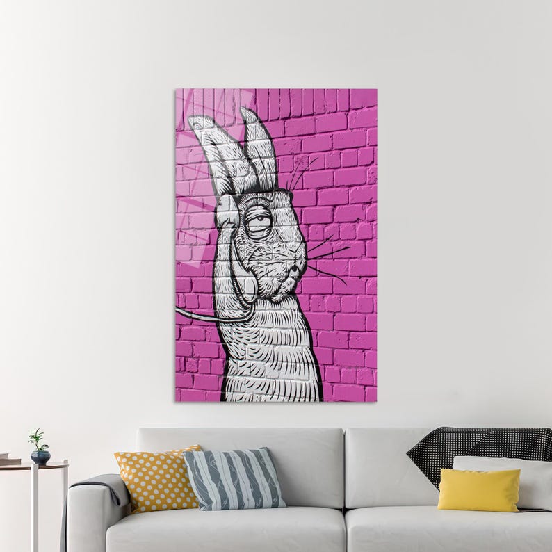White Rabbit Wall Decor, Rabbit Talking on the Phone Glass Printing ...