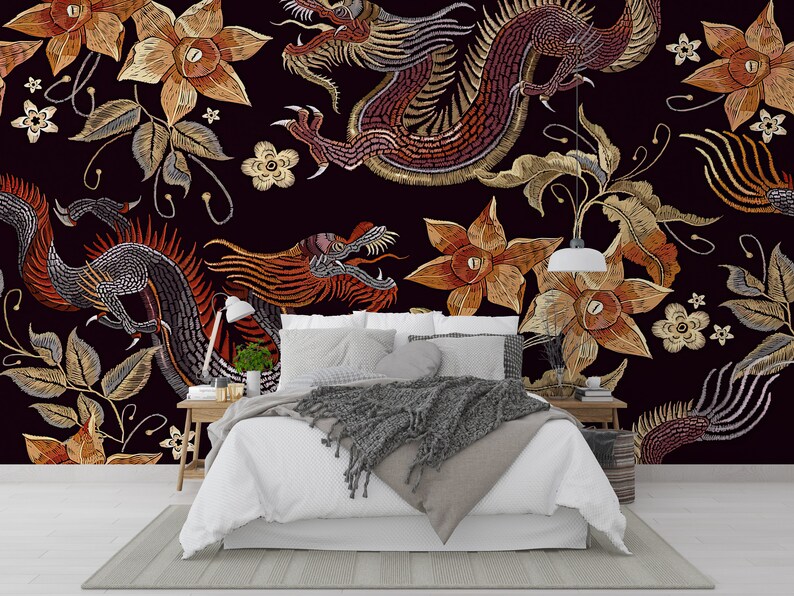 Chinese Dragon Wall Paper, Japanese Pattern Wall Print, Modern Wall ...