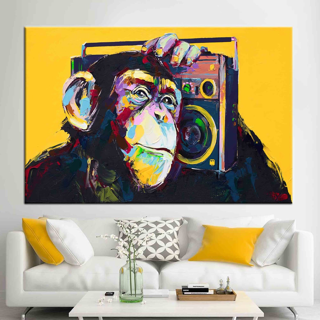 Funny Monkey Wall Decor, Monkey Radio Canvas Art, Oil Painting Print ...