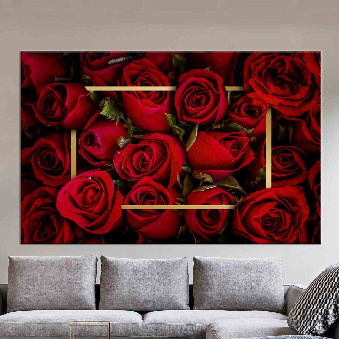 Red Rose Canvas Art, Rose Canvas Art, Gold Frame Wall Art, Living Room ...