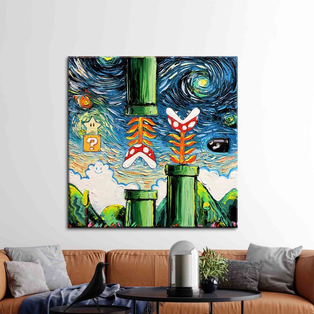 Van Gogh Style Mario Painting, Super Mario Wall Art, Mario World Wall ...