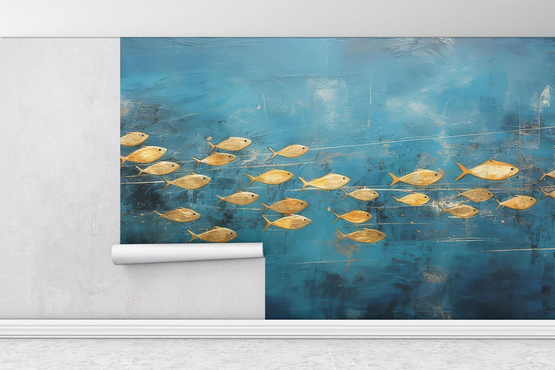 Accent Wall, Wallpaper Peel and Stick, Golden Fish Wall Poster, Gold ...