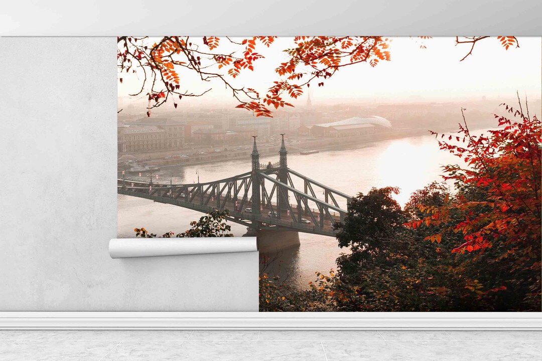 Red Leaves Wall Mural, Bridge Landscape Paper Craft, Cityscape Mural ...