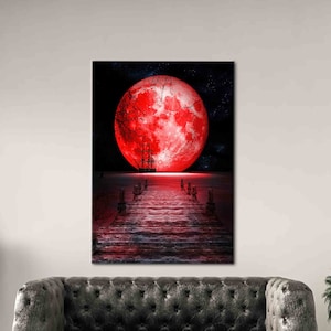 Sea Landscape With Huge Red Moon, Night Landscape Art, View Art, Huge ...
