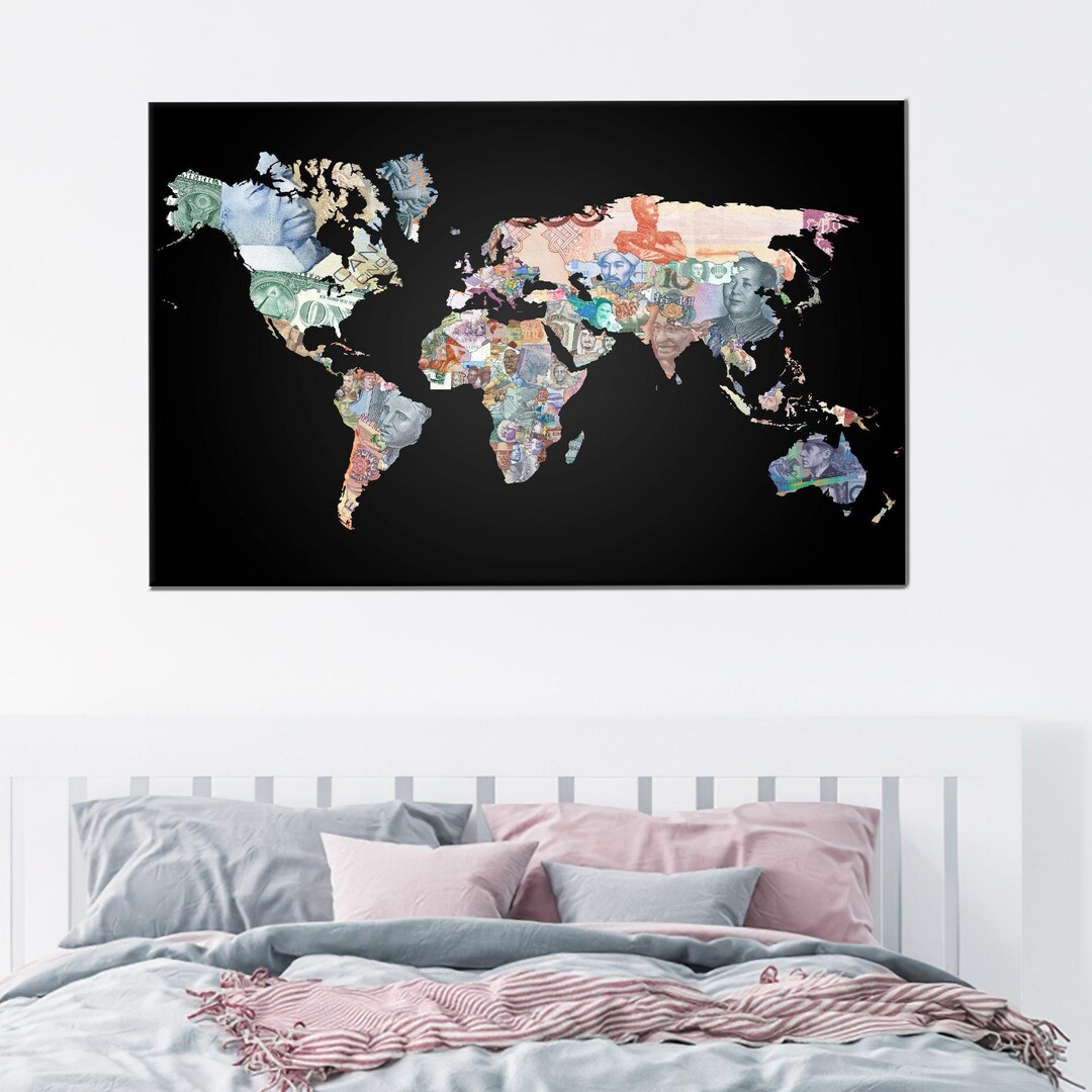 Money World Map Canvas Art, Colorful Currency Collage Poster on Black ...