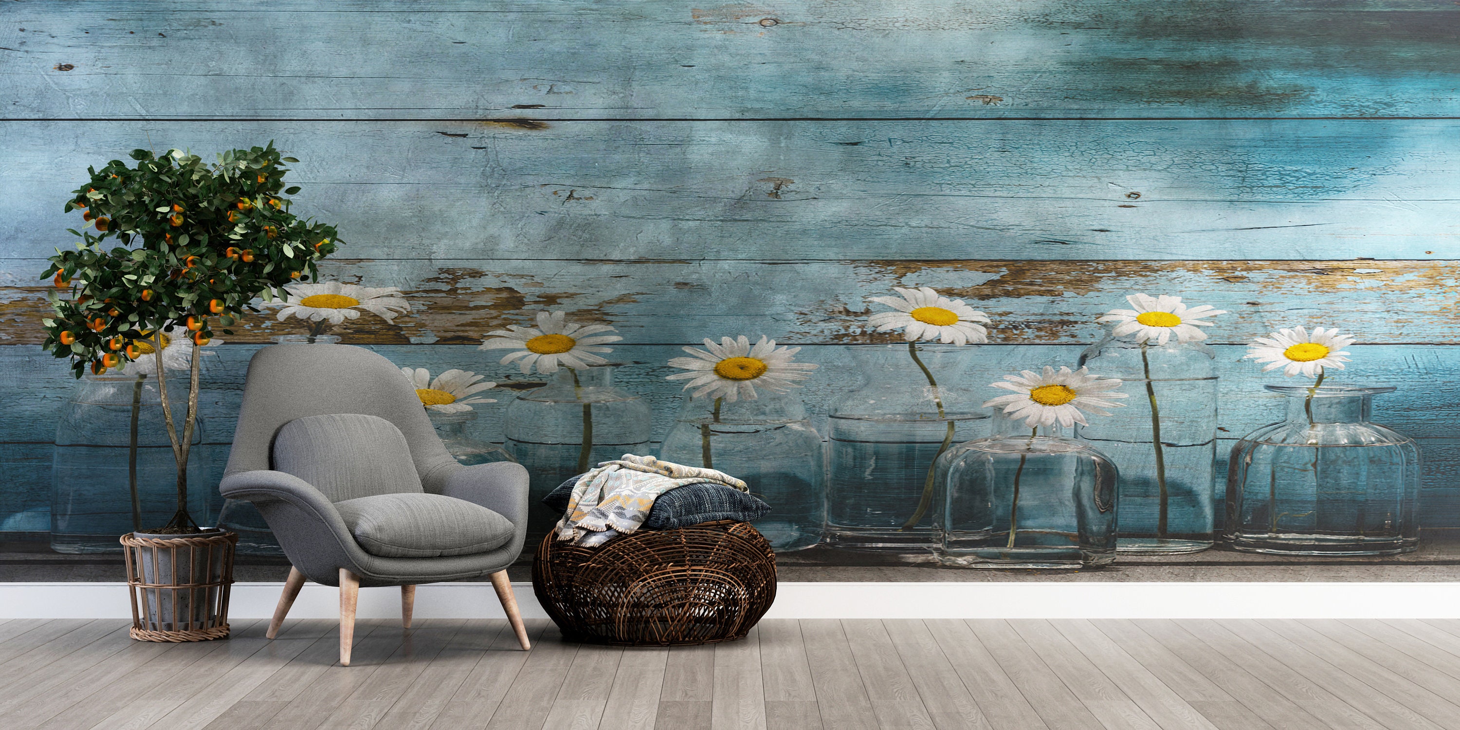 Daisy Flower in Glass Bottles,wall Paper Peel and Stick,modern Wall ...