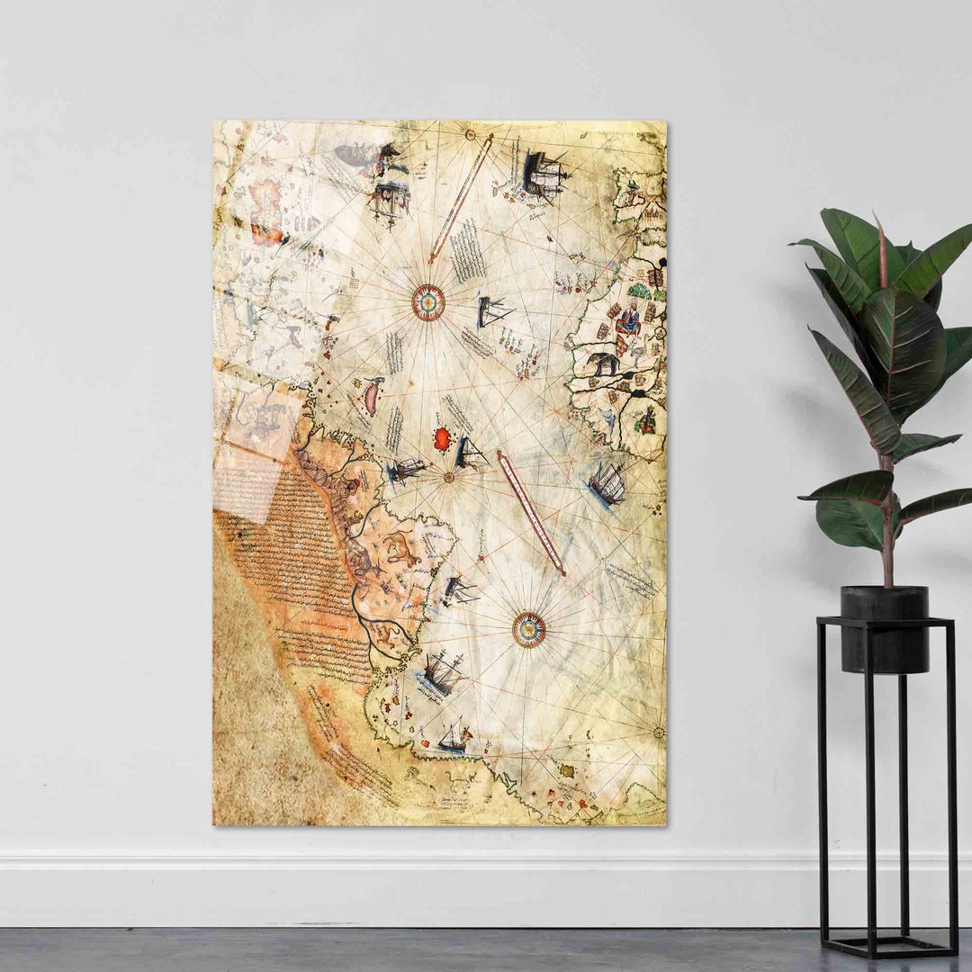 Piri Reis Map, Glass Art Wall Decor, Glass Printing, Map Glass Wall Art ...