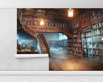 Library Wallpaper, Book Wall Decor, Modern Digital Paper, Gift for Him ...