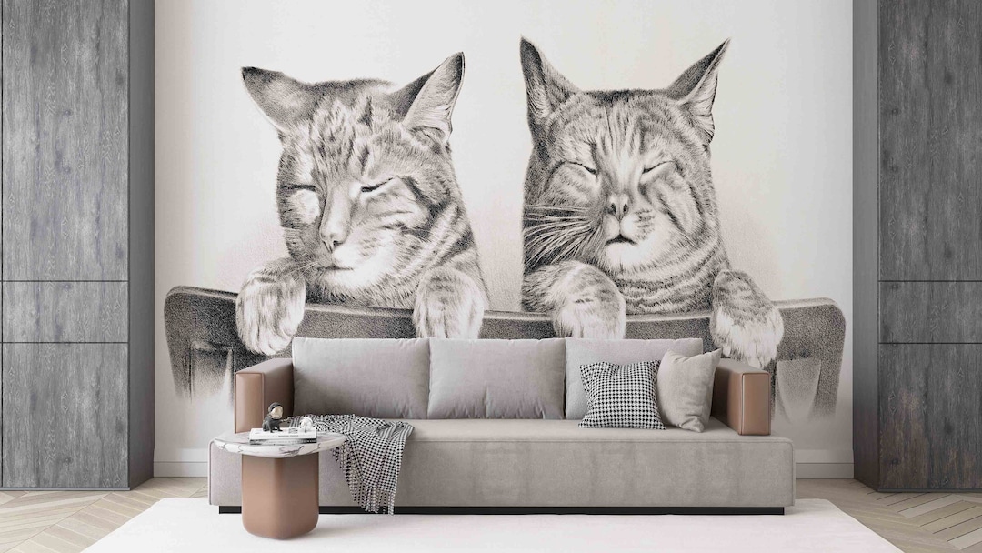 Two Cute Cats Mural, Animal Wall Poster, Lovely Cat Wall Mural, Lovely ...