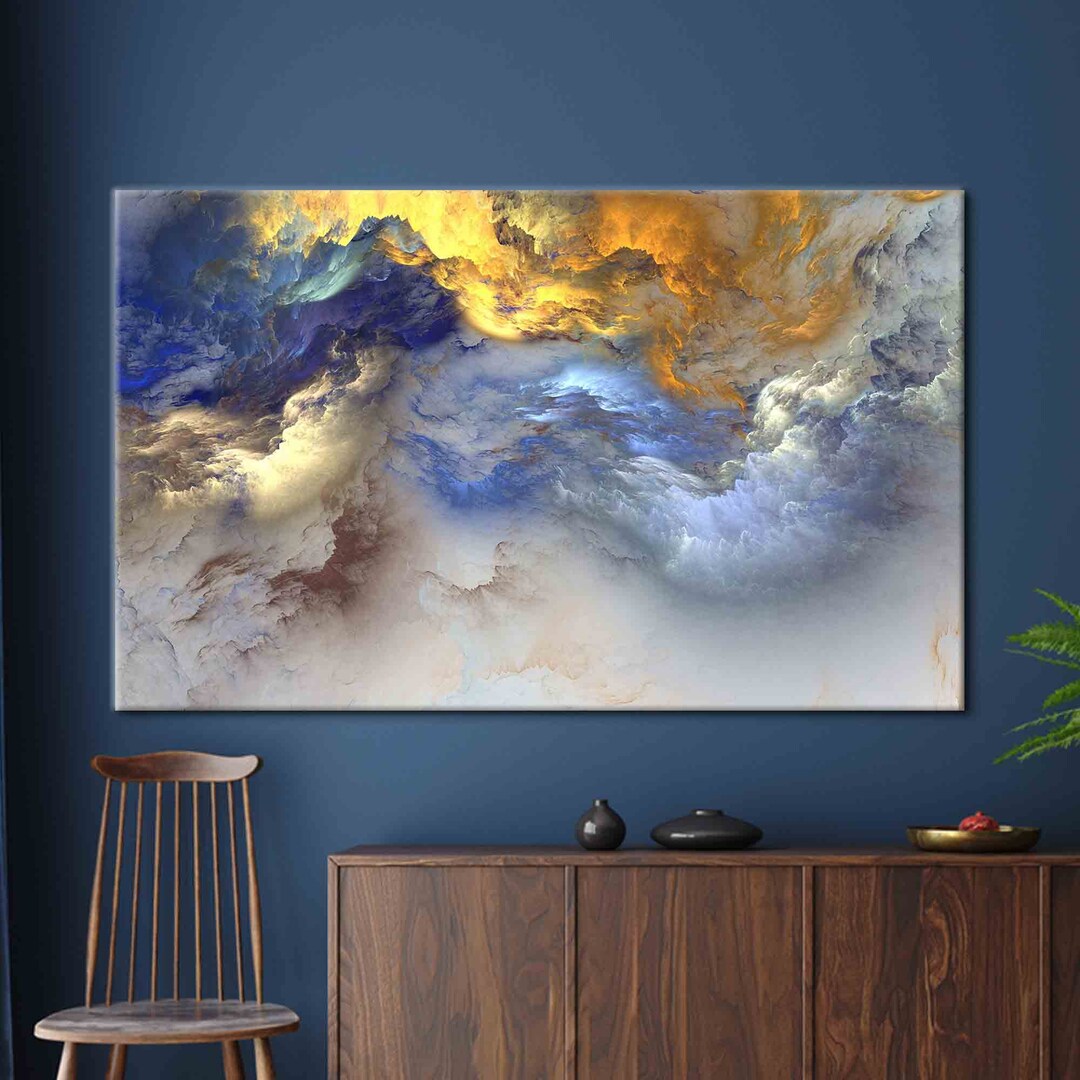 Abstract Wall Decor, Blue Cloudy Art, Cloudy Poster, Yellow Cloudy ...