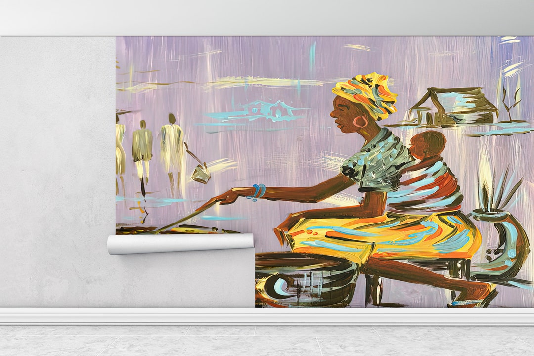 Custom Wall Paper, African Mother Cooking, Bright Wall Paper, African ...