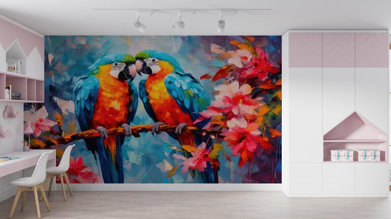 Parrot Painting Print Paper Craft, Animal Wallpaper, Parrot Couple Wall ...