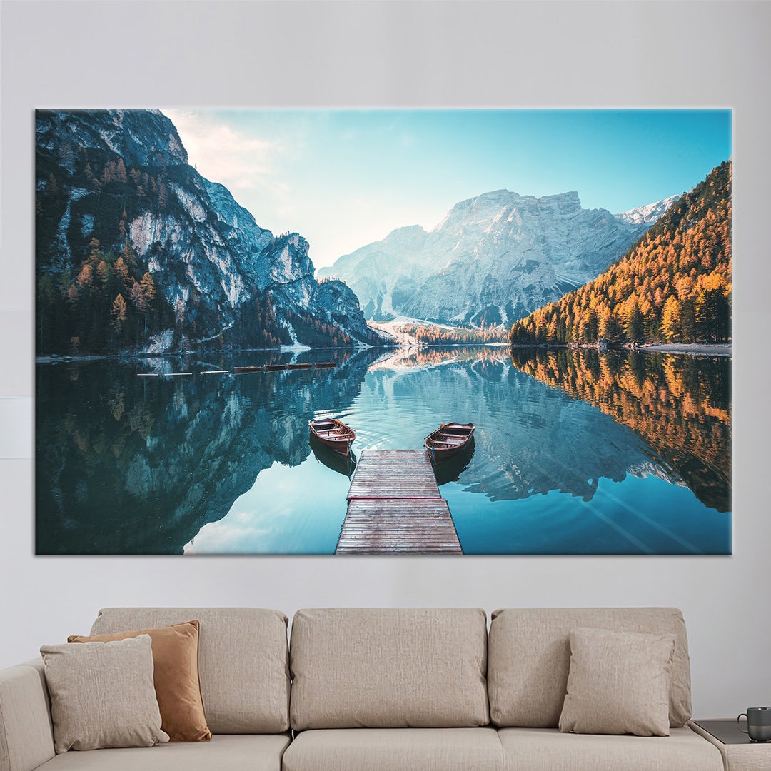 Canvas Gift, Custom Wall Hanging, Boats on the Braies Lake in Dolomites ...