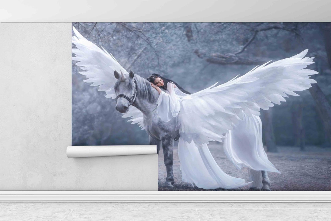 Pegasus and Elf Woman Wall Mural, Elf Lady Wall Decals, Horse With ...