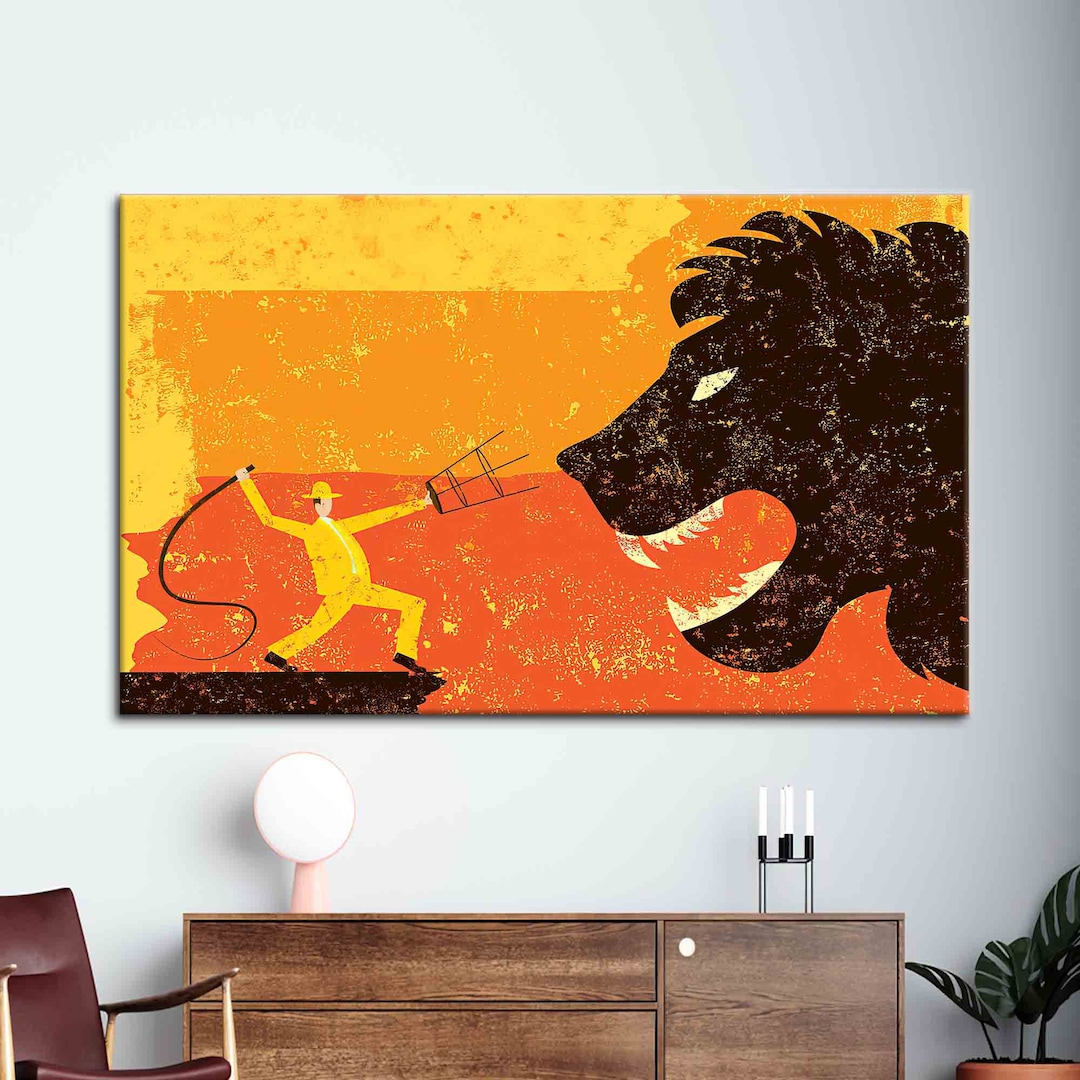 Lion Tamer Painting, Animal Art, Lion Tamer Printed, Orange and Black ...