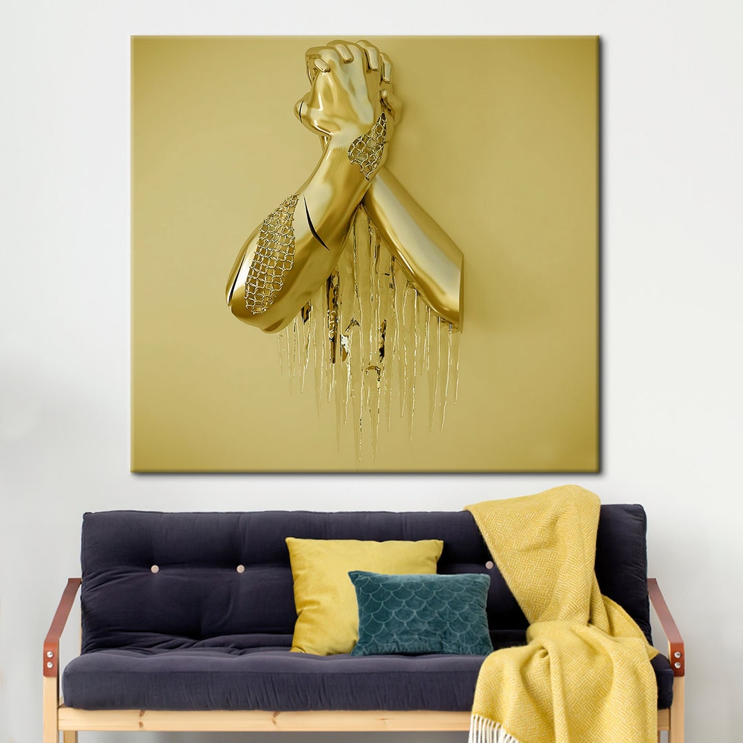 3d Gold Hand Wall Art, Gold Canvas, 3d Gold Metallic Printed, Abstract ...