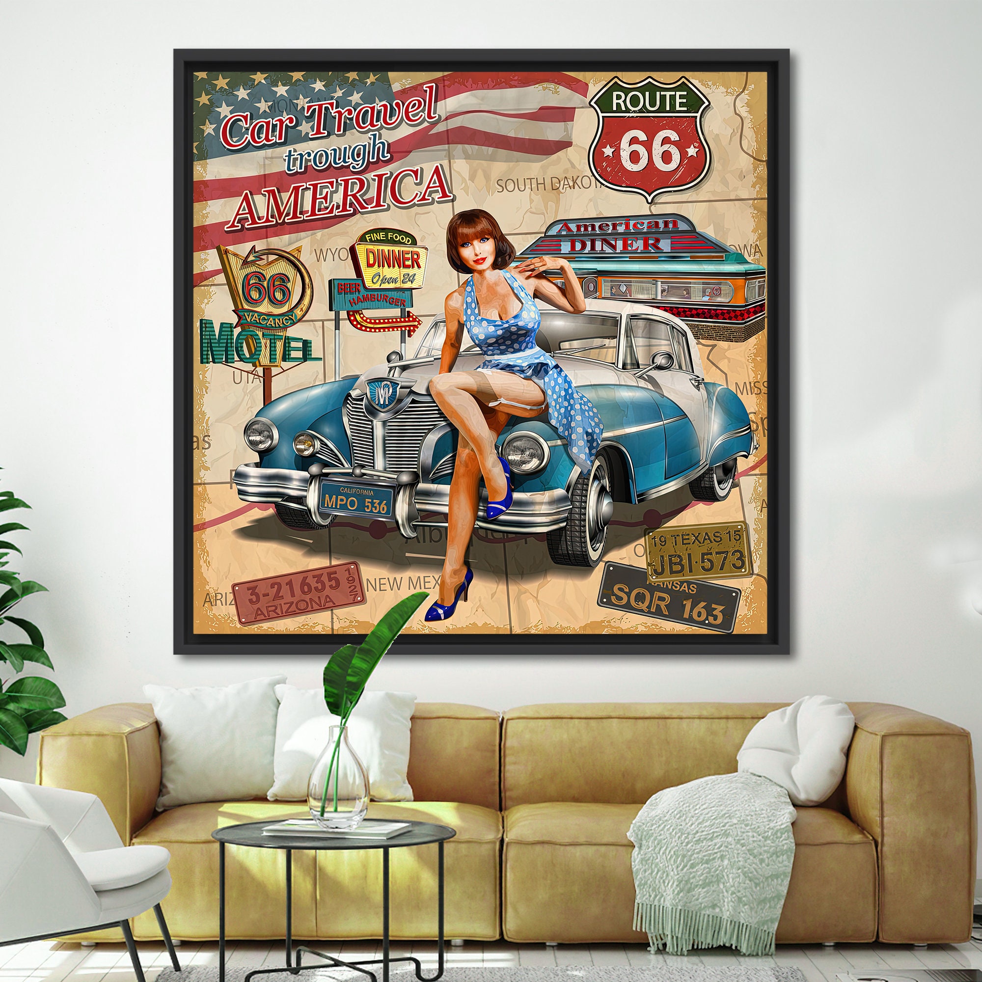 Car Canvas, Old Car Art, Tin Car Art, Vintage Car Canvas Art, America ...