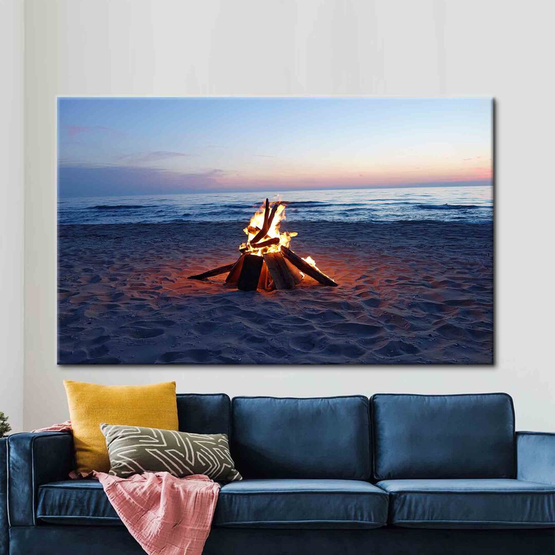 Camp Fire Canvas Art, Wood Fire Wall Art, Landscape Canvas, Sea ...