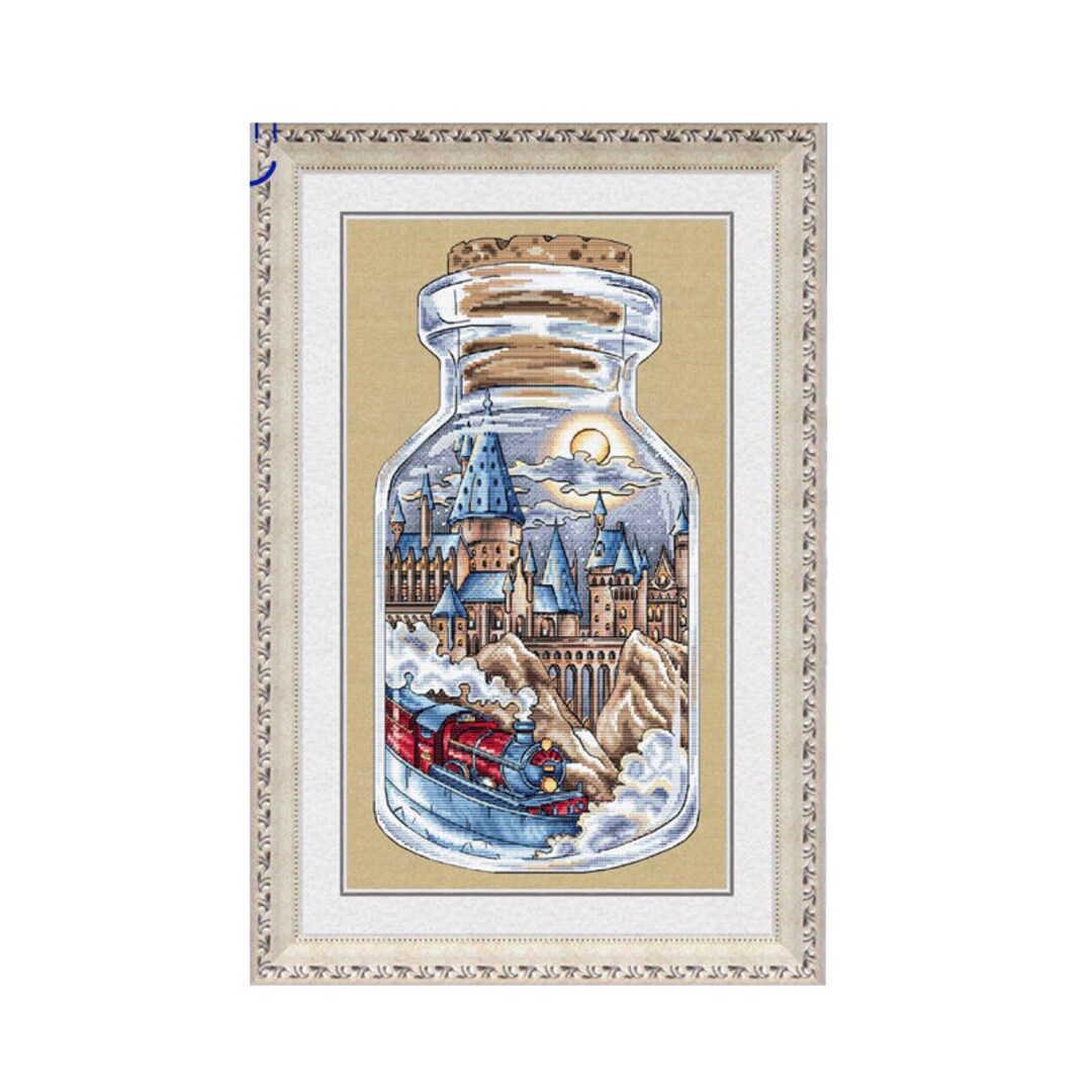 Pre Printed Cross Stitch DIY Kit, Magician School in A Bottle ...
