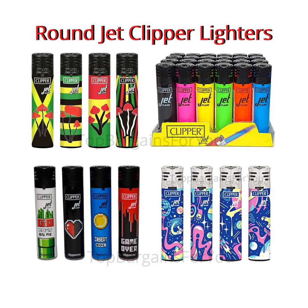 ROUND JET Clipper Lighters Full Set Rare Silver Black Top Windproof ...