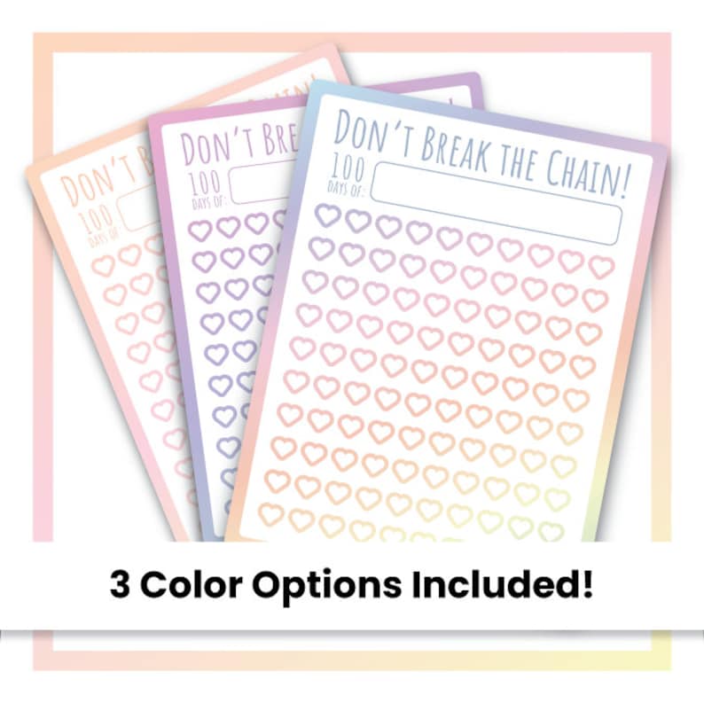 100 Days Challenge Tracker: Rainbow Hearts Habit Tracker (printable PDF ...