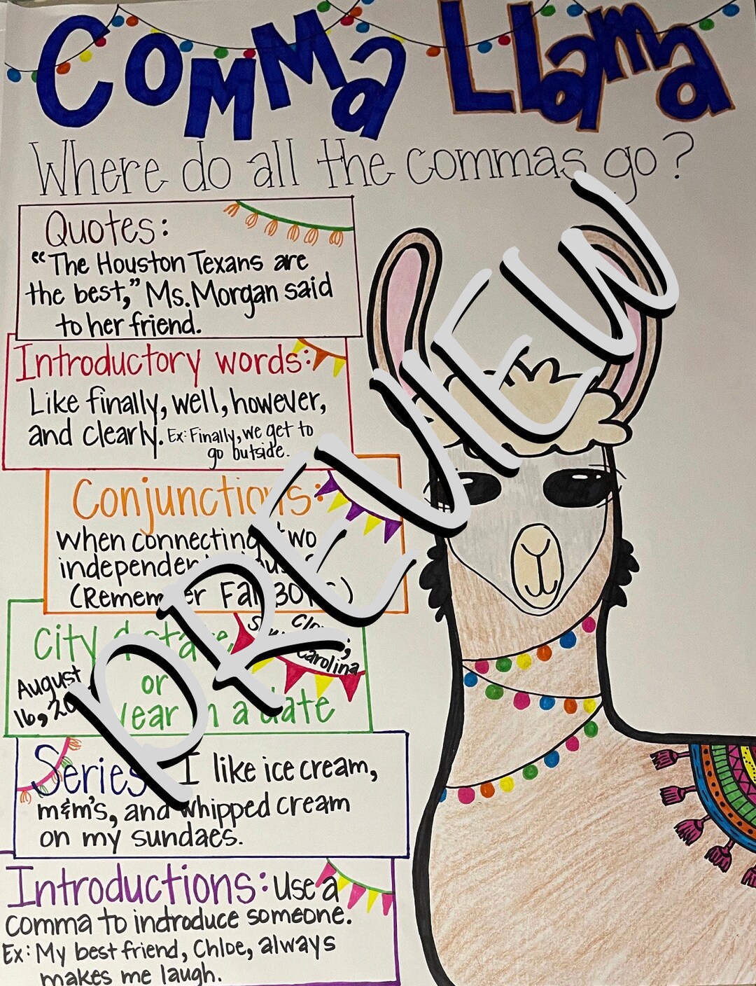 COMMA LLAMA Anchor Chart - Made to Order! Anchor Charts for the ...