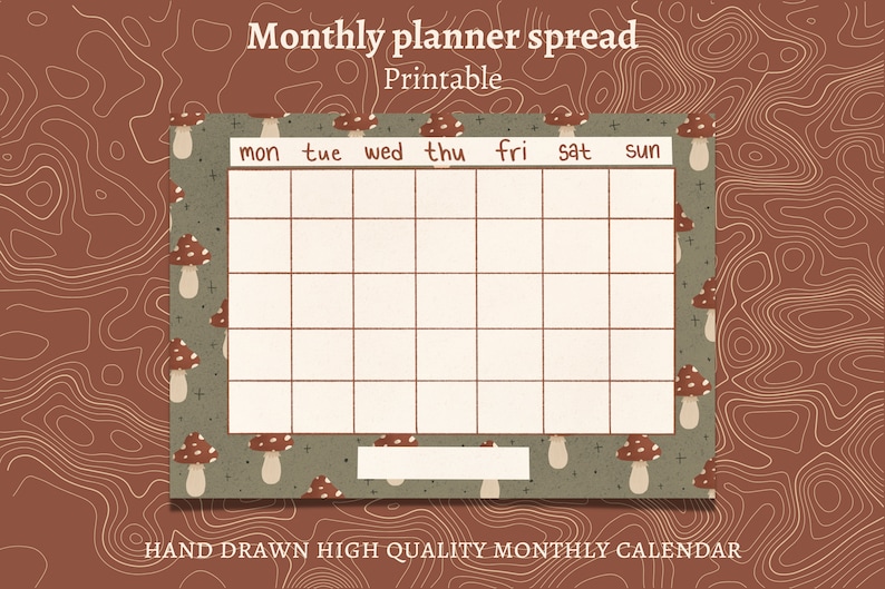 Mushroom Calendar Printable Planner A4 Size Calendar Teacher Calendar ...