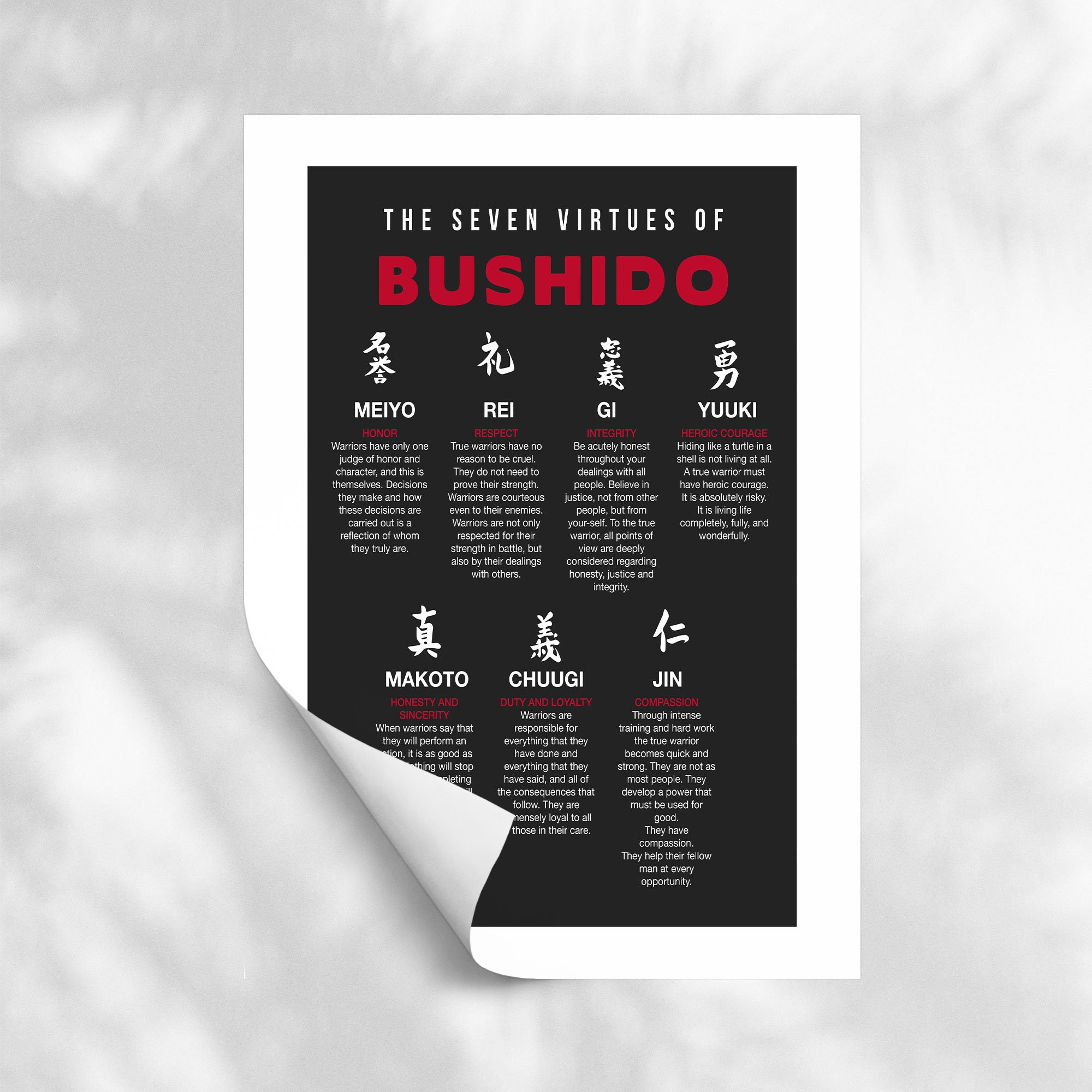 The Seven Virtues of Bushido Wall Art Japan Samurai Framed Poster ...