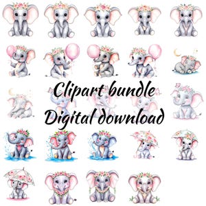 Watercolor Baby Elephant Clipart Bundle, 24 Pngs, Floral Crown Elephant ...