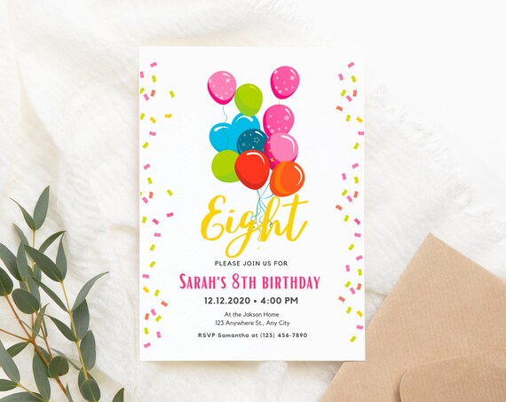 8th Birthday Invitation INSTANT DOWNLOAD Eighth Birthday | Etsy