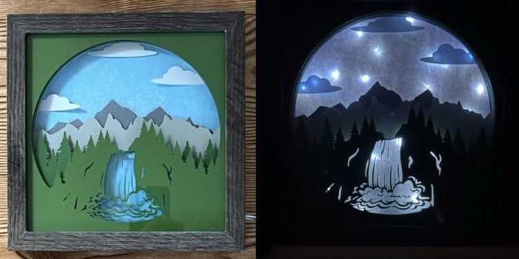 3D Light Shadow Box Svg, Waterfall, Mountains, 3D Paper Cut Template ...