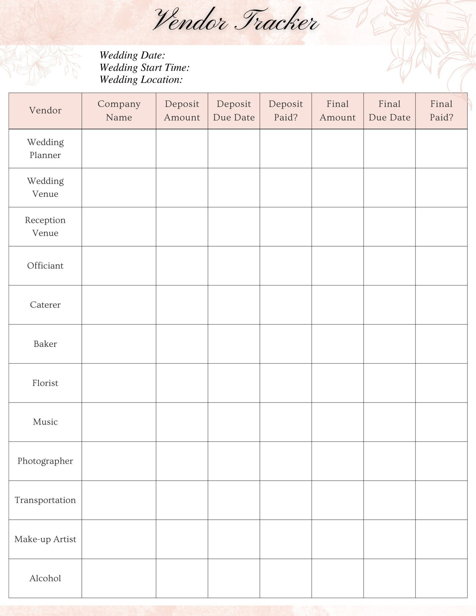 Wedding Vendor Tracker Editable Instant Download Printable Wedding ...