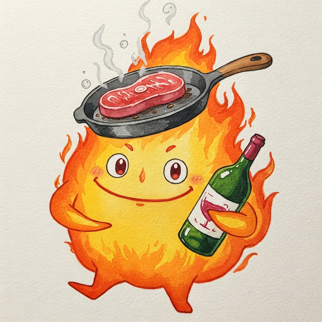 Howl's Moving Castle Calcifer Flame Cooking Dinner Steak and Wine Water ...