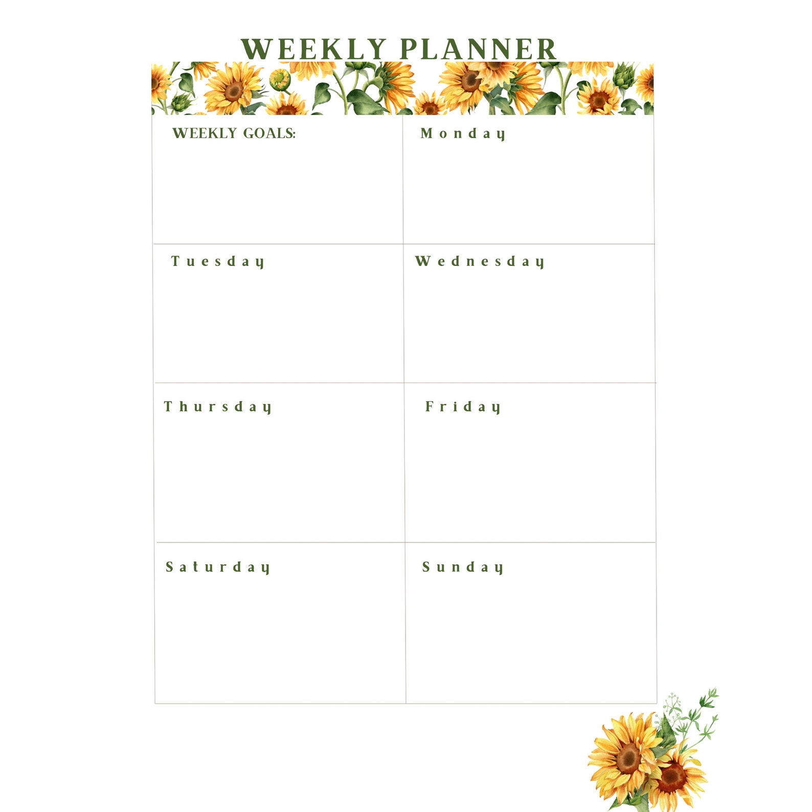 Weekly Planner, Monthly Planner, Printable Planner, Sunflower, Planner ...