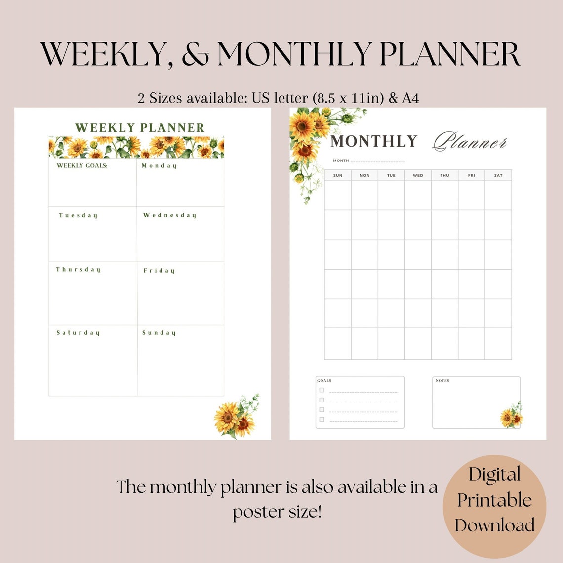 Weekly Planner, Monthly Planner, Printable Planner, Sunflower, Planner ...