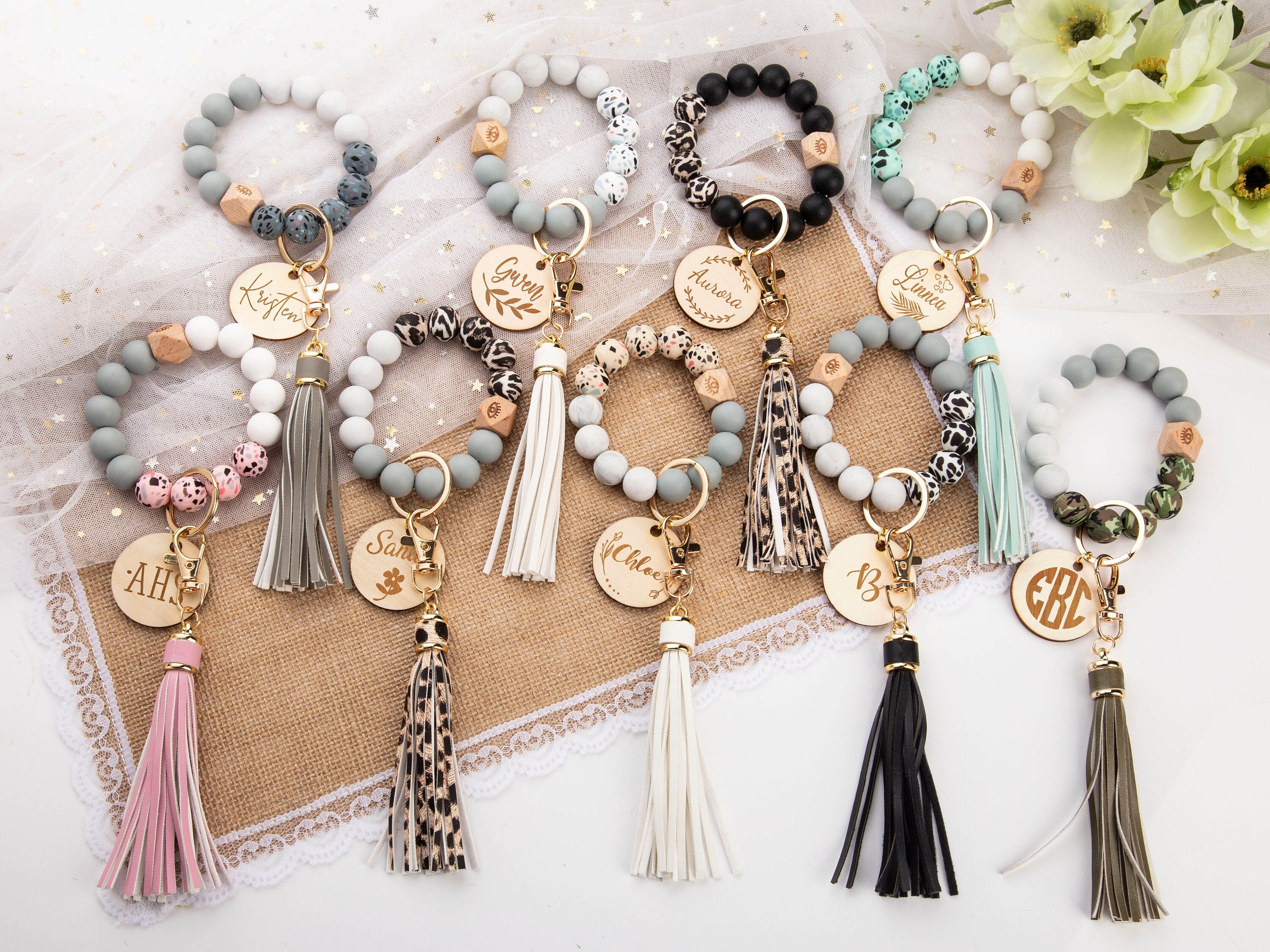 Silicone Beaded Key Ring Bracelet Monogram Beaded Keychain - Etsy