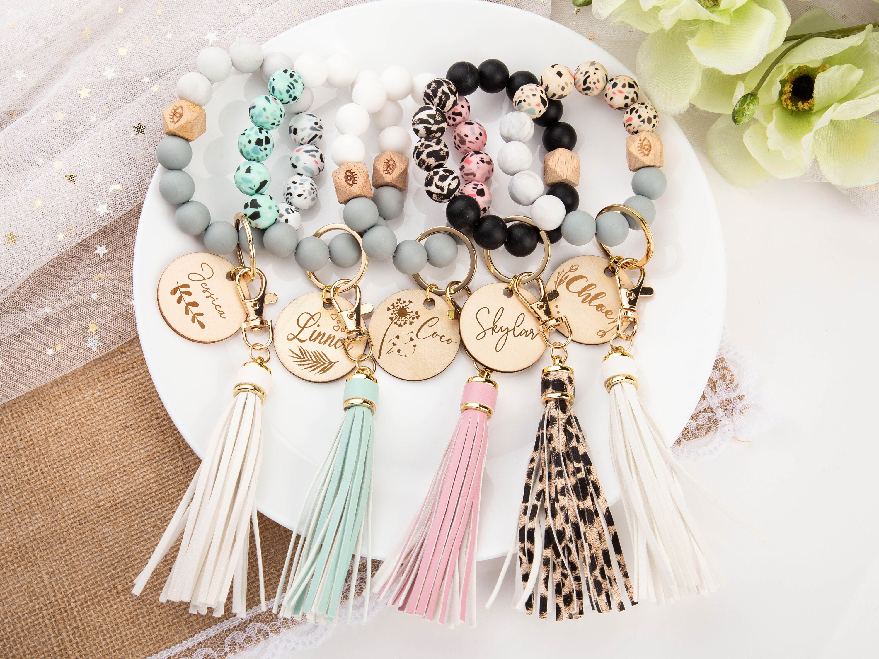 Silicone Beaded Key Ring Bracelet Monogram Beaded Keychain - Etsy