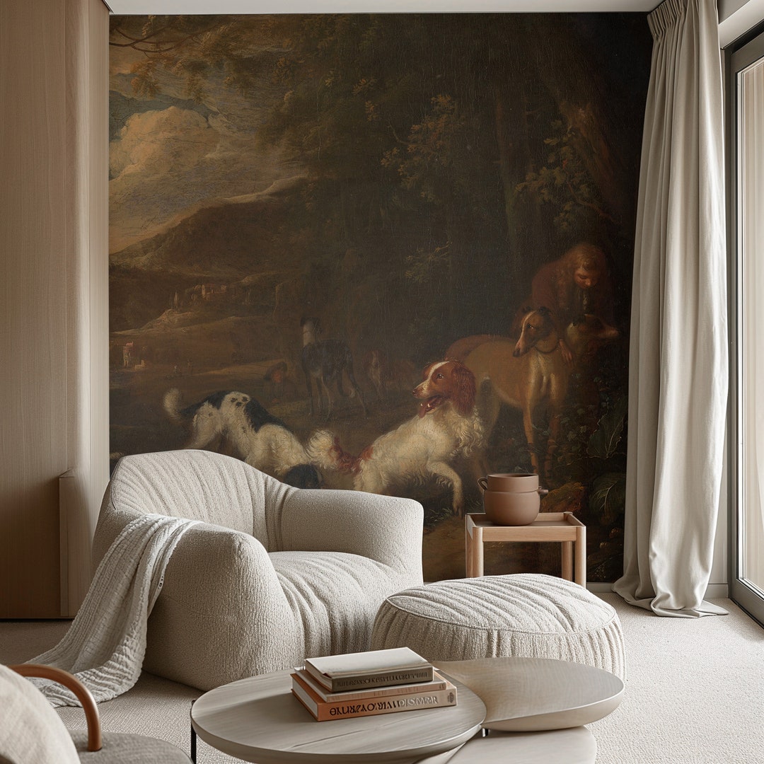 Vintage Dogs Scenic Wallpaper, Wall Art Mural, Vintage Moody Wallpaper ...