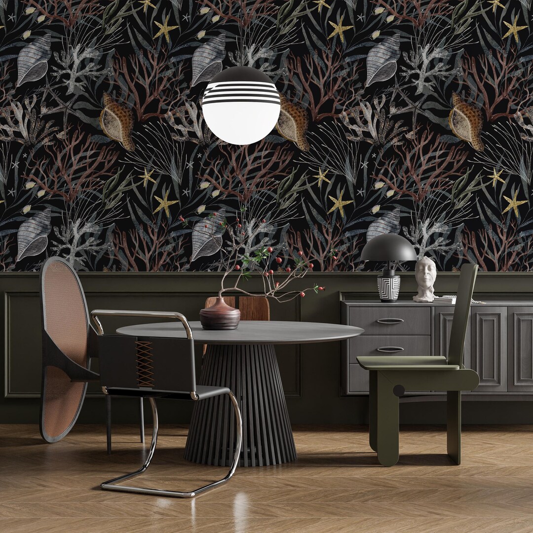 Sea Style Dark Theme Wallpaper, Shells, Corals and Starfish Wallpaper ...
