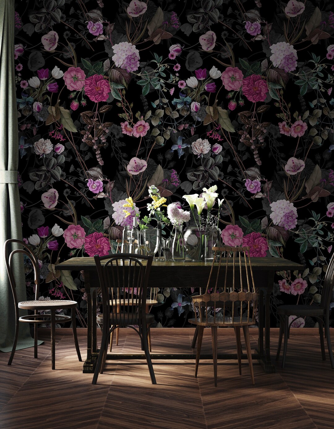 Dark Floral Wallpaper Peel and Stick Removable Wallpaper - Etsy